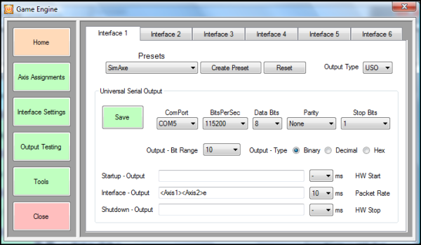 Interface Settings - XSimulator Motion Simulator